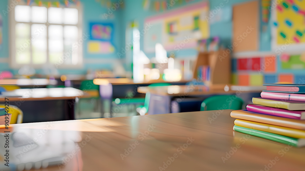 Mockup of an empty teacher's desk in the foreground of an elementary ...