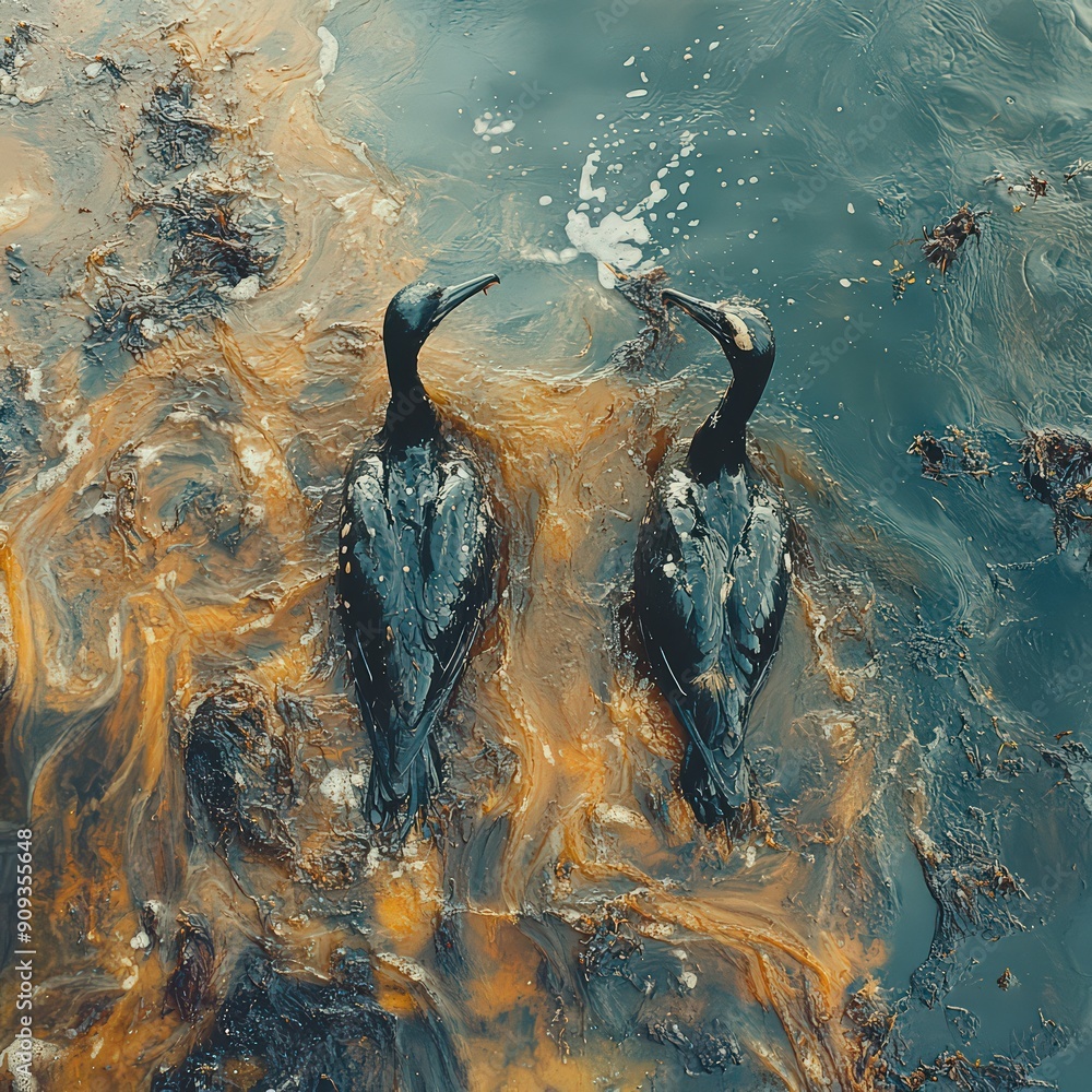 An oil spill in the ocean with oil-covered birds and marine life ...