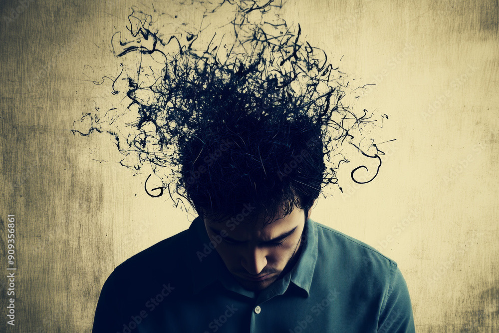 Evocative abstract illustration depicting poor mental health and ...