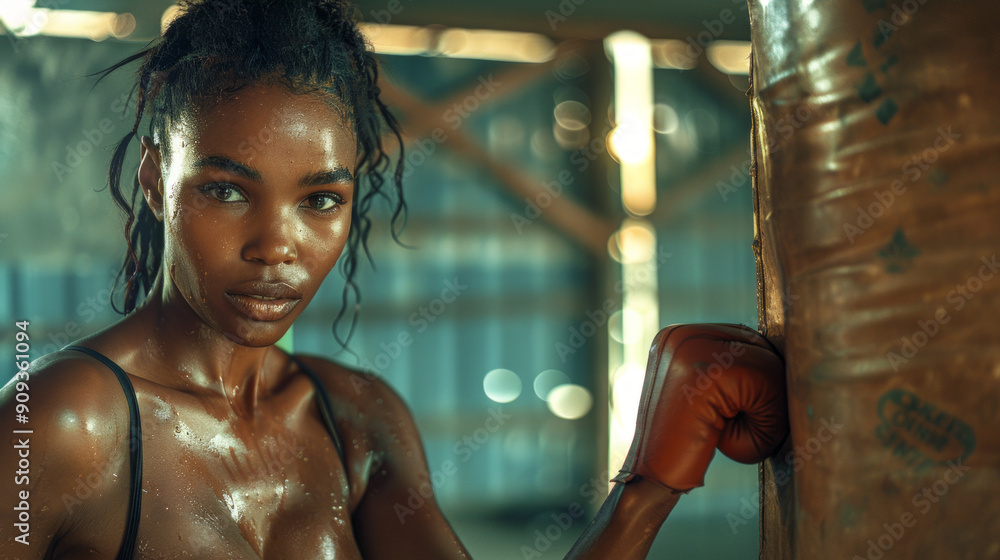 young female boxer trains in a boxing ring, her face set in ...