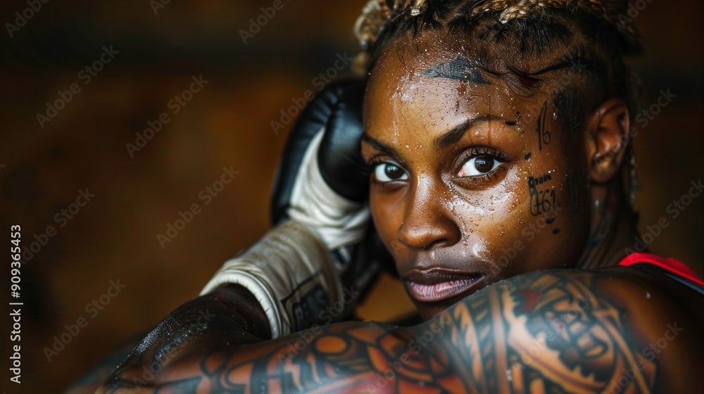 female boxer, with sweat dripping down her face, stares intensely ahead ...