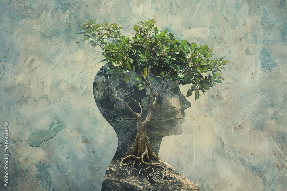 surreal portrait of meditating figure with mindtree growing from head ...