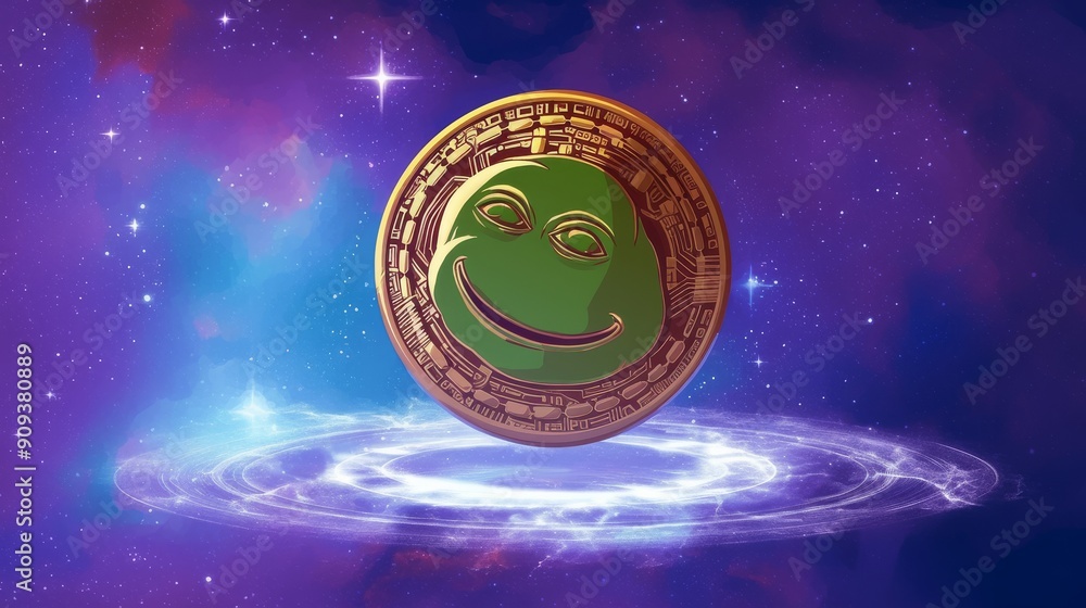Artistic representation of Pepe coin in space with stars and galaxies ...