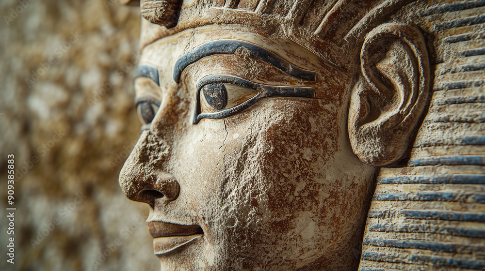 An exceptional detail of the head of the pharaoh in relief, with the ...