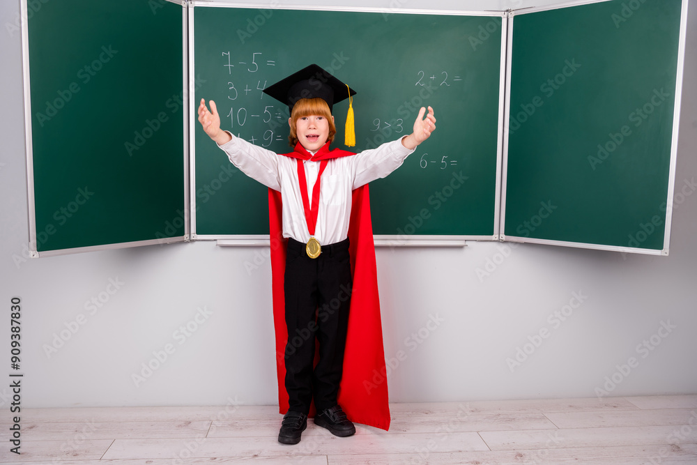 Full body photo of cute little schoolboy diligent graduation hat win ...