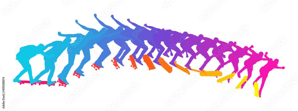 Dynamic silhouette sequence of skateboarder performing mid-air trick ...