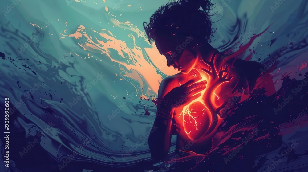 dramatic depiction of heart attack symptoms silhouette clutching chest ...