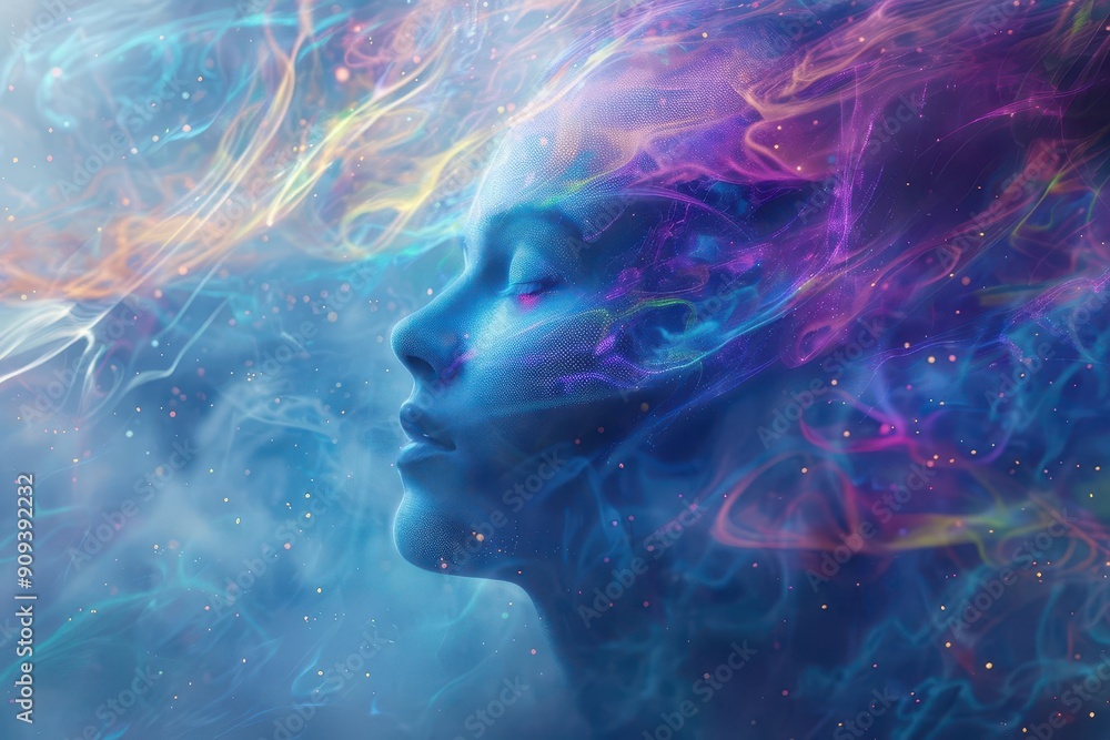 ethereal holographic womans face emerging from swirling mist iridescent ...