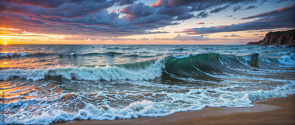 Epic landscape, banner - view of the sea surf on the sandy shore at ...