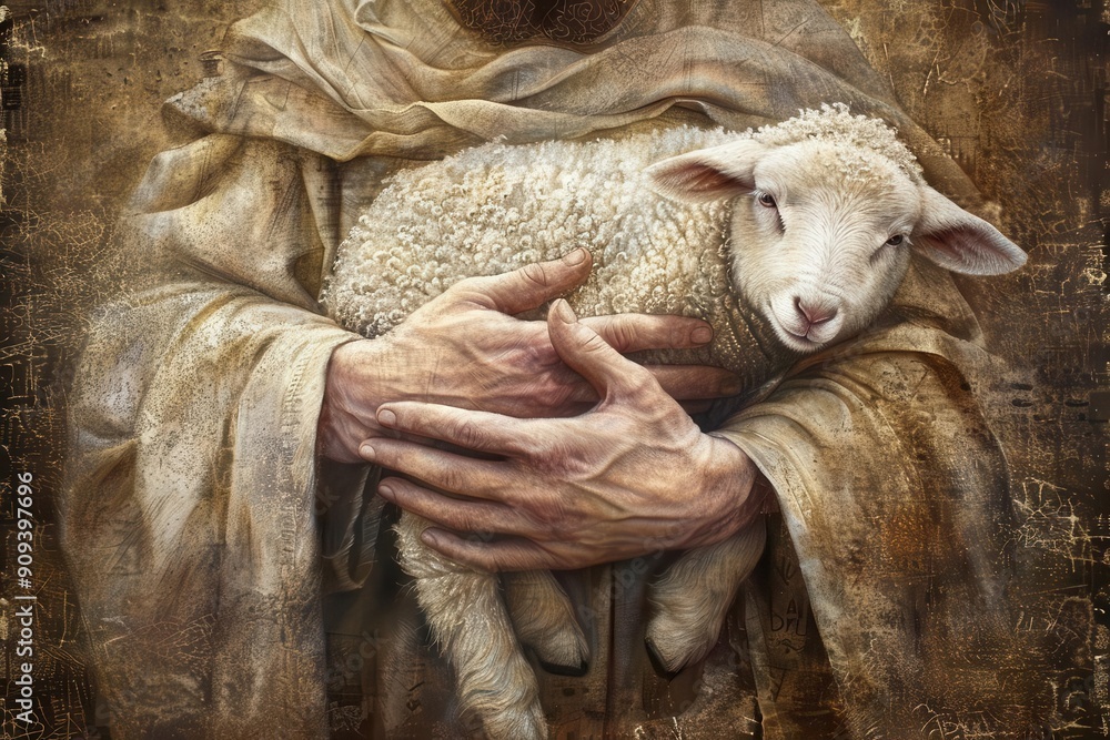 ethereal depiction of jesus hands tenderly holding a pure white lamb ...