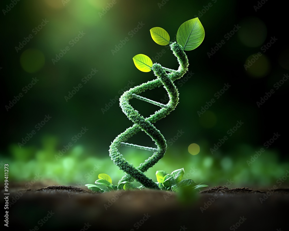 Visualization of human DNA helix gradually transforming into plant DNA helix, symbolizing ...