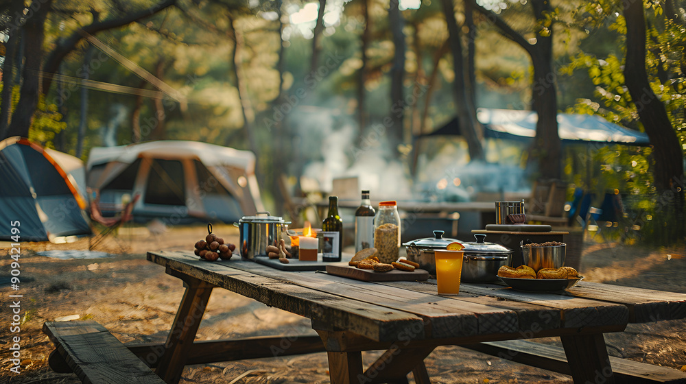 Camping area with tents, outdoor kitchen equipment, and a wooden table ...