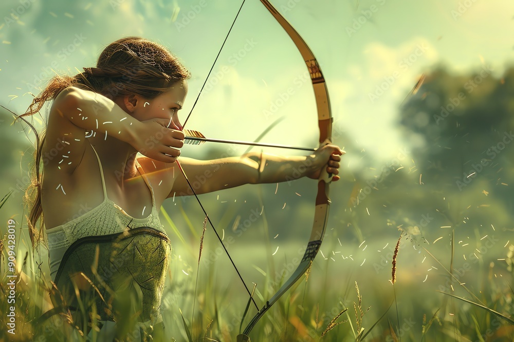 A woman draws a bow in a field with tall grass and soft sunlight ...