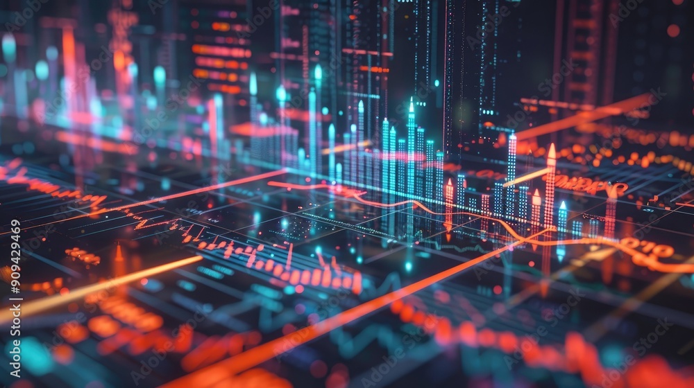 Detailed 3D model of financial growth symbols and charts with digital ...
