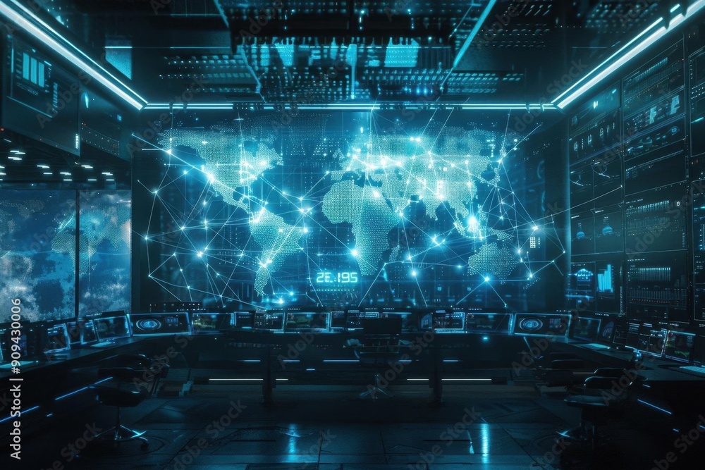 holographic world map projection floating above a futuristic control ...