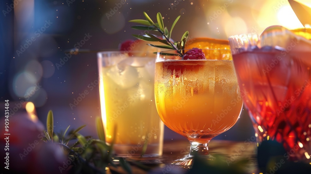Intimate 3D close-up of three cocktails with unique garnishes and ...