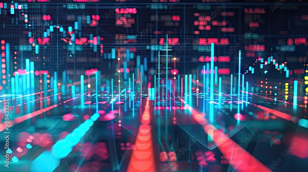 Stylized 3D model of financial data charts with symbols and glowing ...