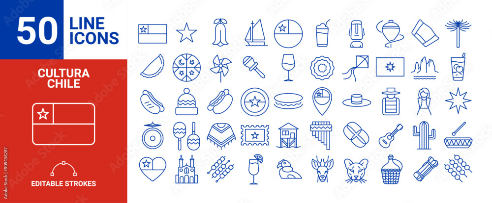 Set de 50 iconos de la cultura de Chile, simbolos patrios, comidas ...