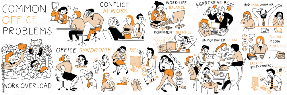 Common office problems illustration set, outline doodle style. Cute ...