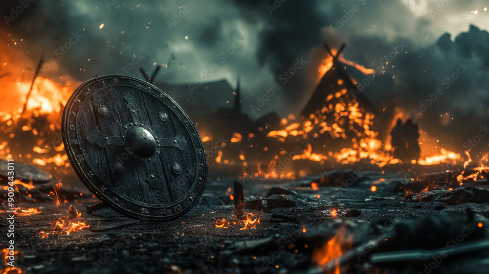Viking Shield and Burning Village in Aftermath of Norse Raid ilustração ...