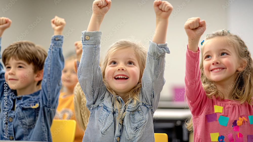 Three young children are in a classroom, with one of them holding up ...