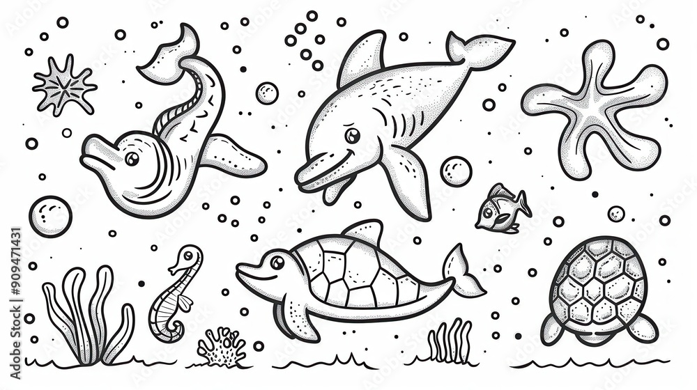 whimsical sea creatures line art perfect for childrens coloring book ...