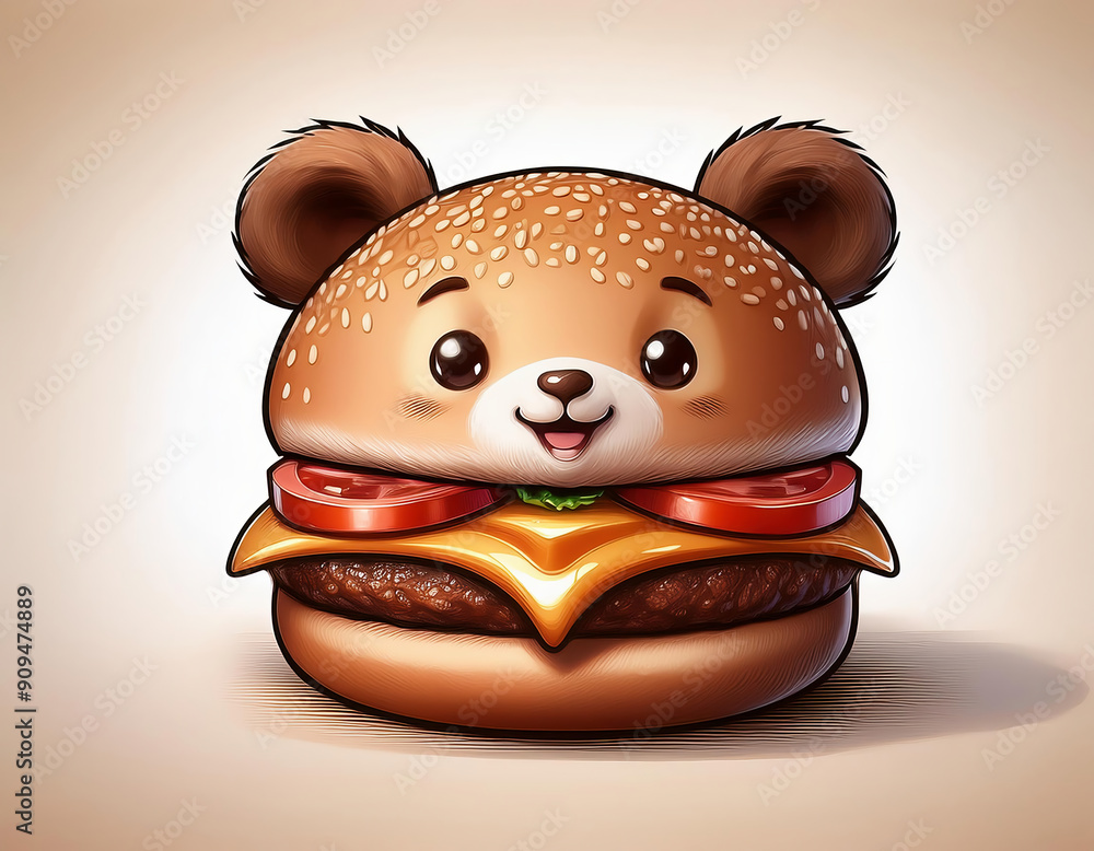 Hamburger designed with bear ike ears and face. Cheerful cartoon character. Vector illustration ...