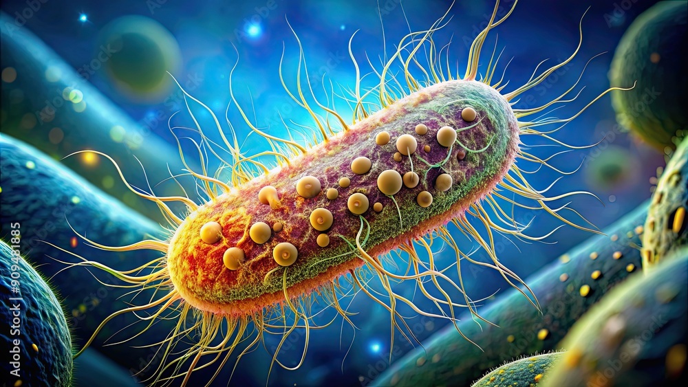 Microscopic view of a bacterial cell with flagella, high detail ...