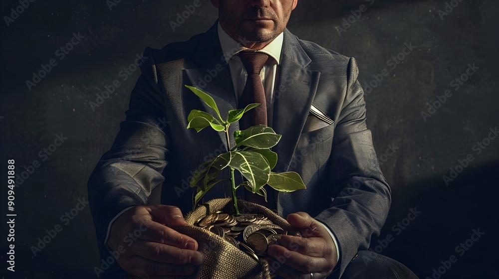 Stern faced businessman in a crisp suit and tie firmly clutching an ...