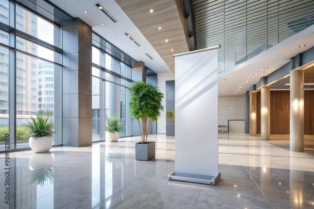 Modern interior of an elegant building features a sleek hallway with a ...