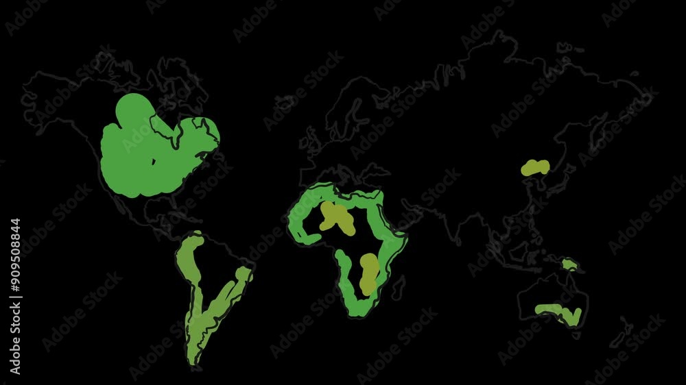 Animated self-drawing 2D world map in green line art, with lines ...