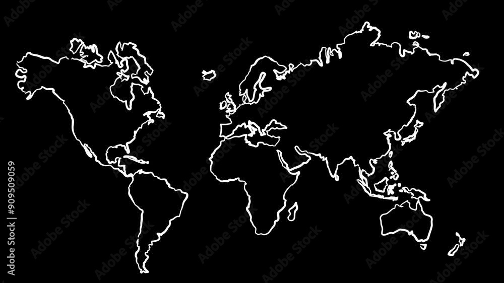 Animated self-drawing 2D world map in line art, with white lines ...