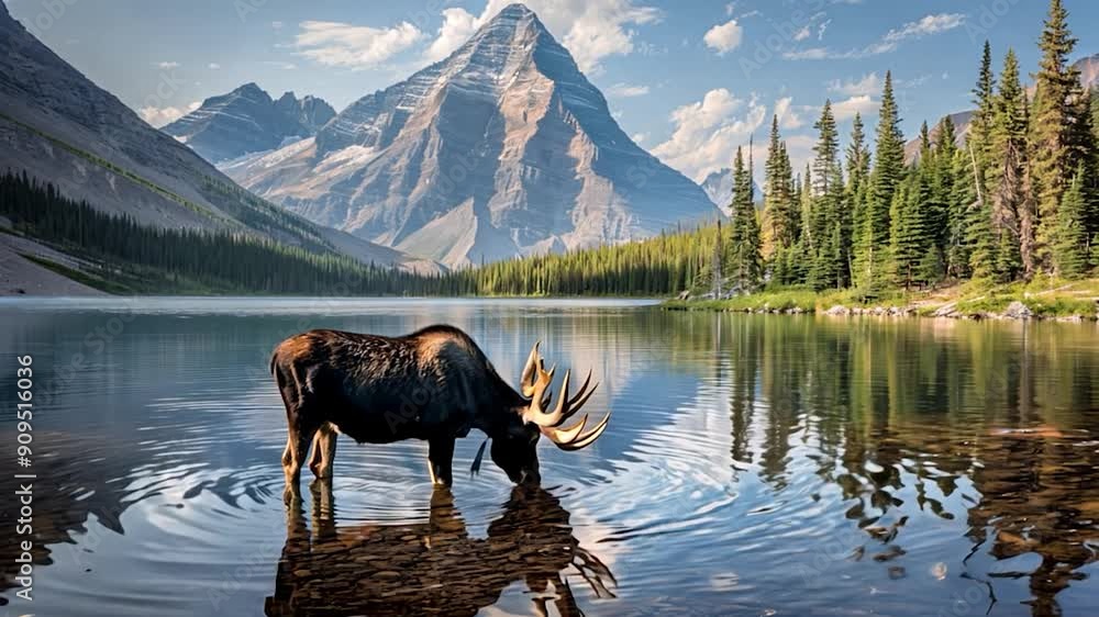 A moose stands quietly in a crystal-clear lake, drinking water while ...