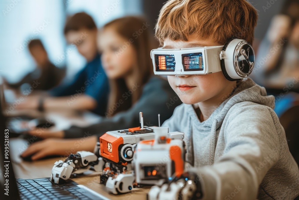 Kids coding robots in a computer lab, kids in school, future ...