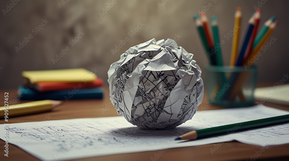 A Crumpled Paper Ball Next to a Pencil on a Desk with Smudged Notes ...