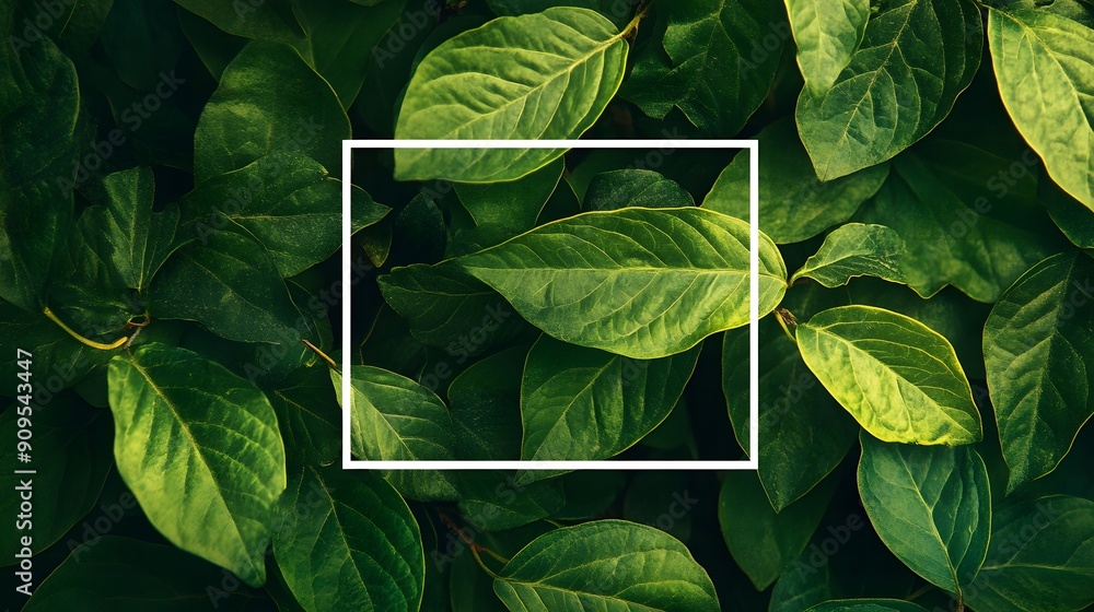 Green leaves with a square frame on a spring-themed backdrop background ...