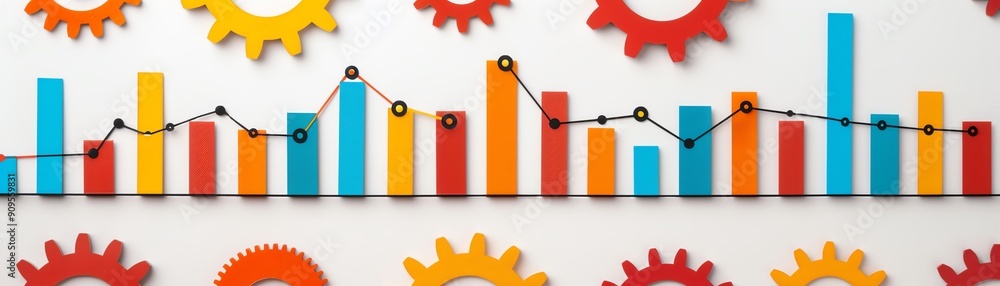 Colorful bar graph with connected line chart and gears in the background representing business ...