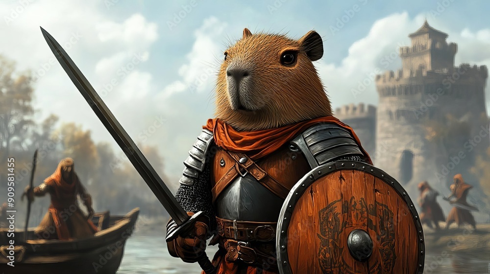 A capybara warrior dressed in medieval armor, holding a shield and ...