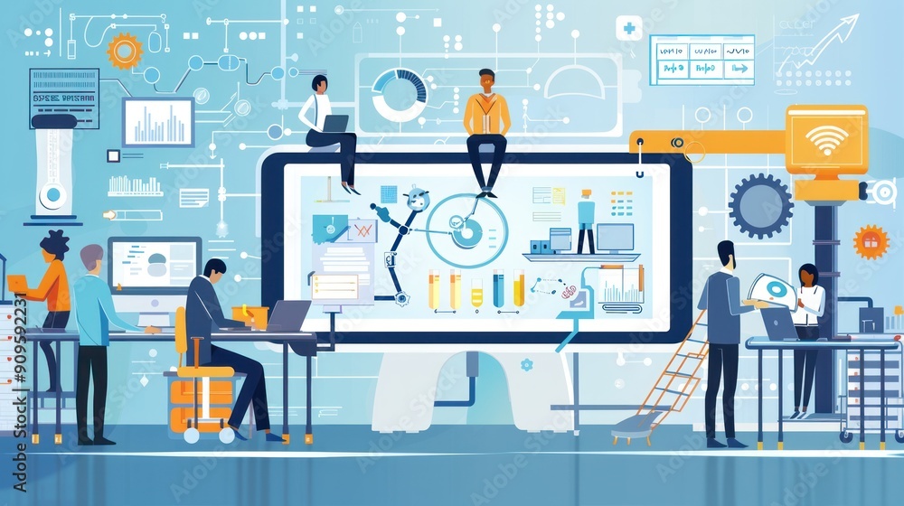 Technology discovery lab with researchers testing prototypes and ...
