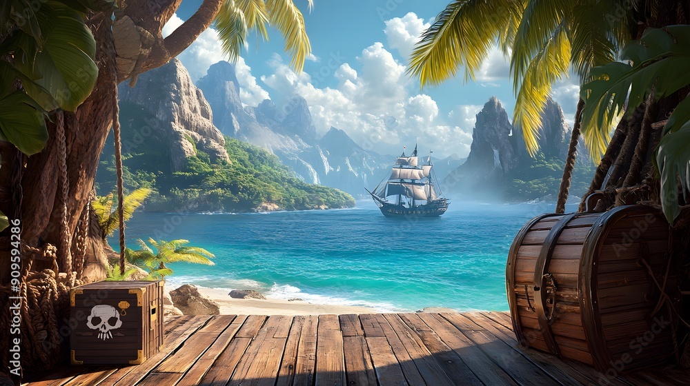 pirate ship's deck view with a tropical island in the background ...