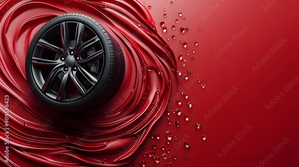 Advertising poster featuring a modern car wheel with a sleek disk brake ...