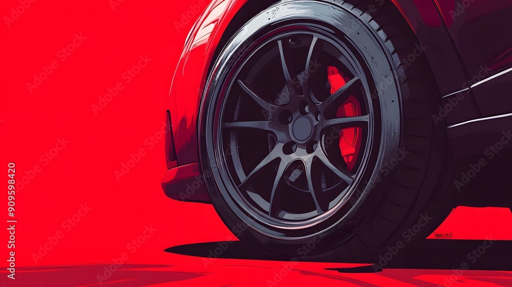 Advertising poster featuring a modern car wheel with a sleek disk brake ...