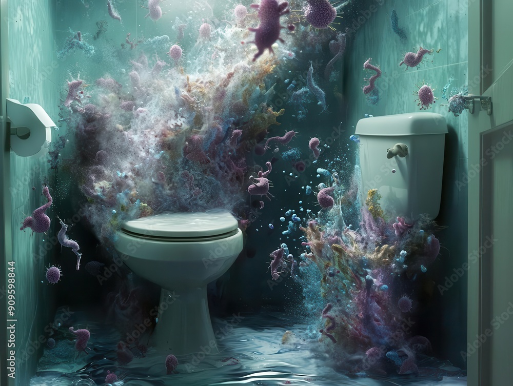 Artistic representation of germs floating around a toilet bowl, with ...