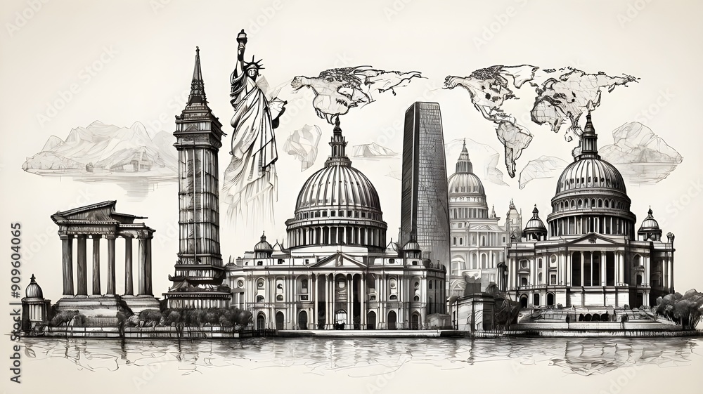 Line drawing of famous world landmarks on a white background, depicted ...