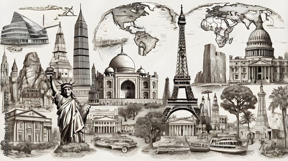 ภาพประกอบสต็อก Line drawing of famous world landmarks on a white ...