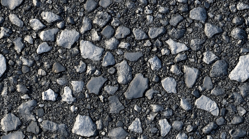 This image features a close-up view of textured gravel and asphalt ...