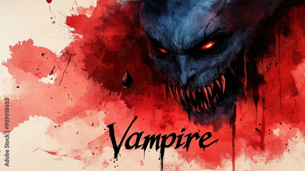 Watercolor vampire fangs and blood drop, with text "Vampire" in big ...