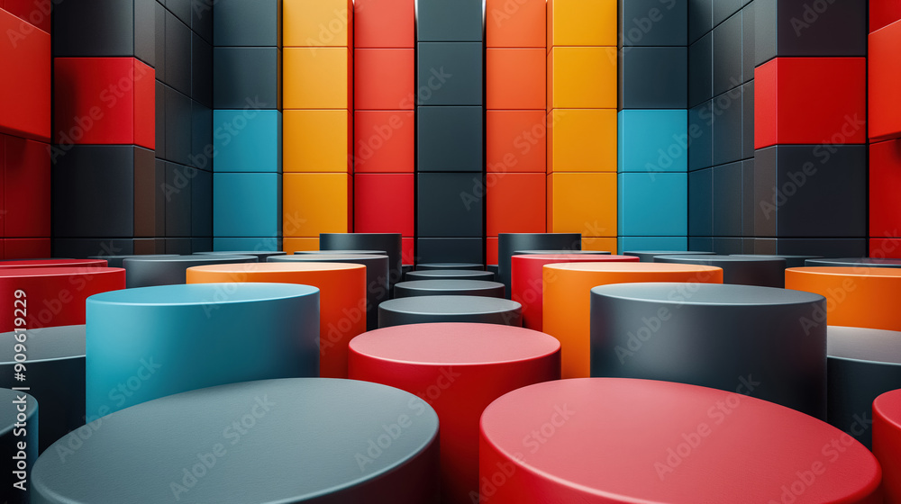 Colorful geometric shapes in a room with cylindrical and rectangular ...