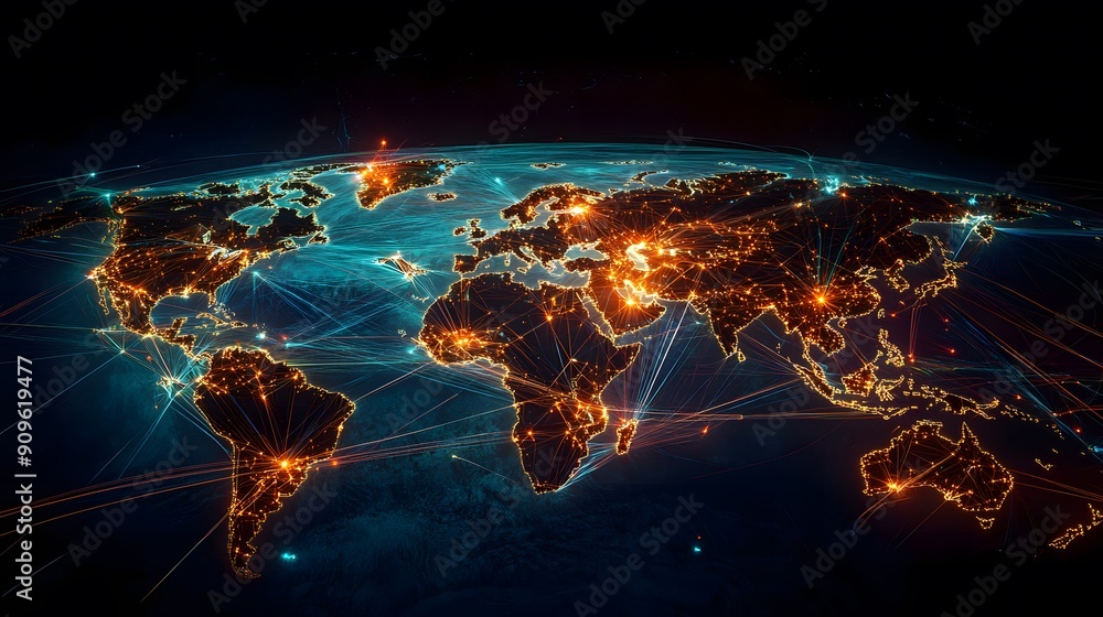Abstract representation of global air travel networks, featuring ...