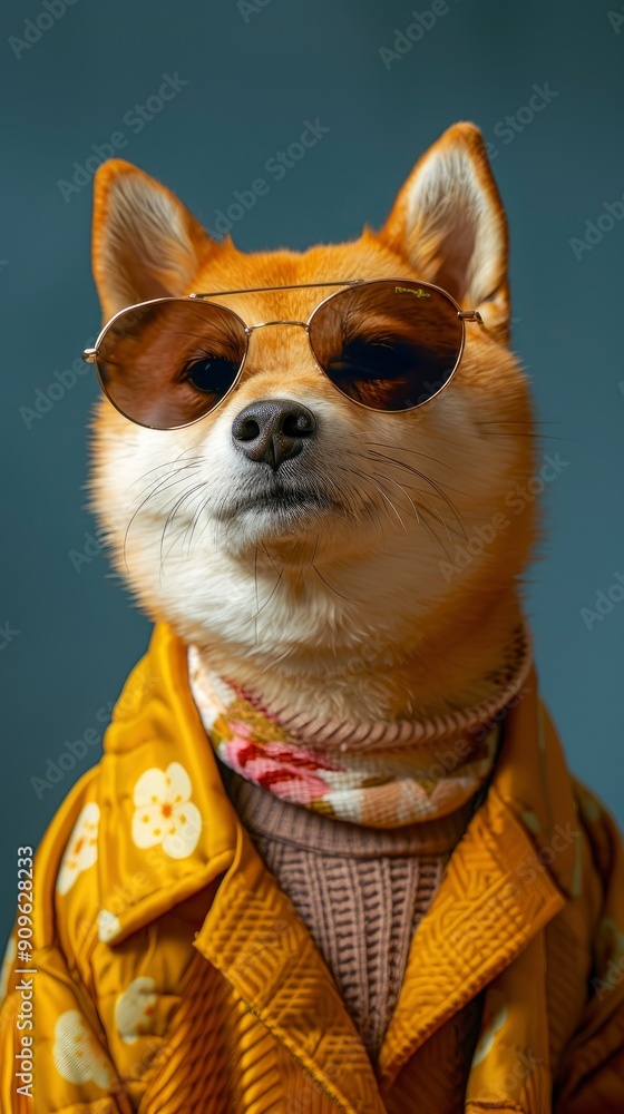 In front view, portrait of a Shiba Ino wearing 1960s mid-century space ...